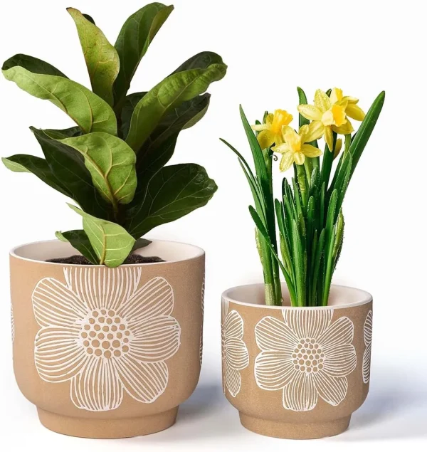 Wholesale Beige Ceramic Flower Pot – Embossed White Floral Design Planter