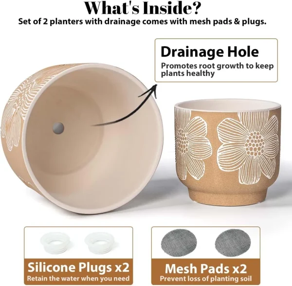 Wholesale Beige Ceramic Flower Pot – Embossed White Floral Design Planter